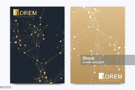 현대 벡터 템플릿 브로셔 전단지 전단지 광고 표지 카탈로그 잡지 또는 연례 보고서에 대 한 연결 된 선과 점 들과 기하학적 패턴입니다 진화 된 인공 두뇌 점입니다 라인