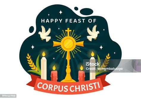 코퍼스 크리스티 카톨릭 종교 벡터 일러스트 레이 션 축제 날 십자가 빵 및 포도 휴일 축 하 평면 만화 배경 0명에 대한 스톡