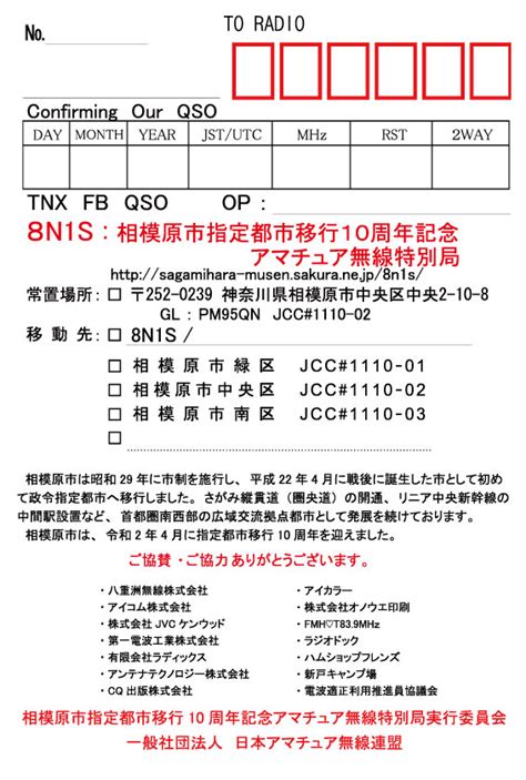 QSLカードについて相模原市指定都市移行10周年記念アマチュア無線特別局