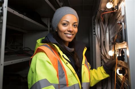 Premium Photo Black Female Electrician Smiling While Working On