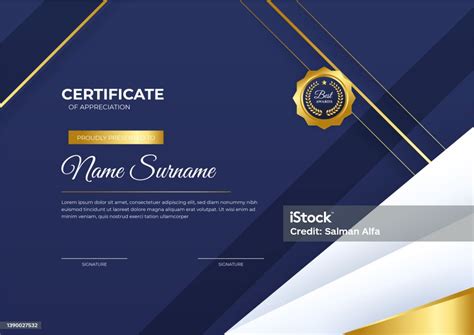 골드 배지와 테두리가있는 우아한 파란색과 금색 졸업장 인증서 템플릿 감탄에 대한 스톡 벡터 아트 및 기타 이미지 감탄