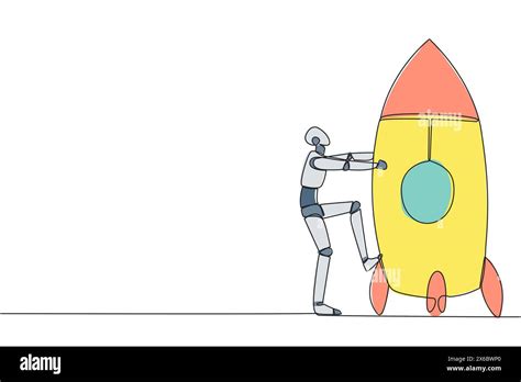 Single One Line Drawing Smart Robot And Rocket Get Ready To Ride
