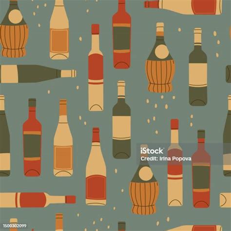 다양한 모양과 유형의 와인 병의 벡터 원활한 패턴입니다 빈티지 색상 디자인을 위한 벡터 일러스트레이션 0명에 대한 스톡 벡터 아트 및 기타 이미지 Istock