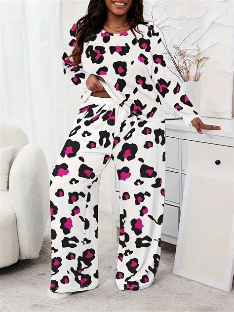 Plus Size Casual Pajamas Set Womens Plus Leopard Print Long Temu