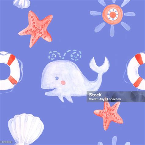 수채화 패턴 마린 스타일 스티어링 휠 불가사리 조개 고래 파란색 배경 0명에 대한 스톡 벡터 아트 및 기타 이미지 0명 게 구명 기구 Istock