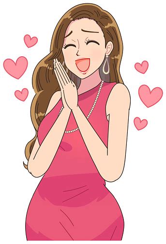 빨간 드레스에 긴 머리를 가진 아름다운 여자 그녀는 긍정적 인 감정을 가지고있다 드레스에 대한 스톡 벡터 아트 및 기타 이미지