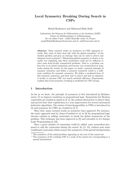 Pdf Local Symmetry Breaking During Search In Csps