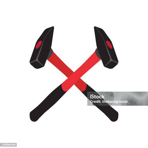 교차 망치 기호 빨간 목수 망치를 교차 빨간 손잡이가있는 검은 망치 수리 유지 보수 목공 및 자물쇠 장인 작업을위한 도구 흰색으로 격리된 3d 개체입니다 벡터 그림입니다