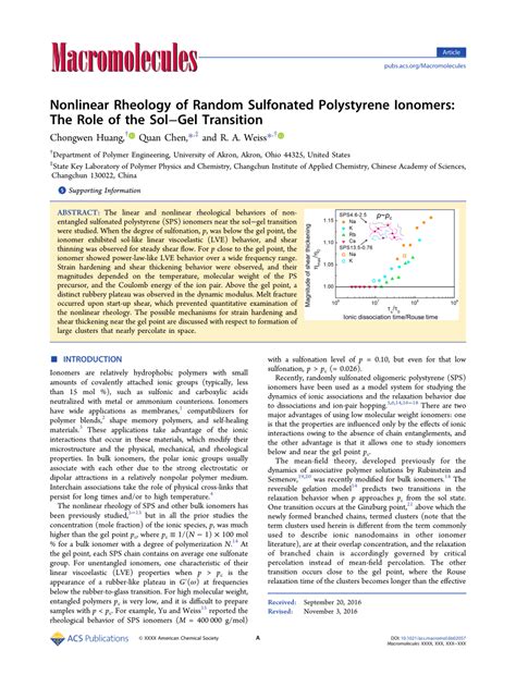Pdf Nonlinear Rheology Of Random Sulfonated Polystyrene Ionomers The