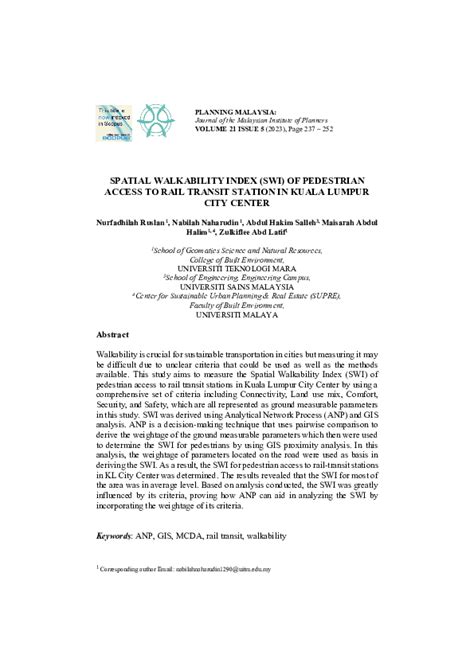 Pdf Spatial Walkability Index Swi Of Pedestrian Access To Rail Transit Station In Kuala