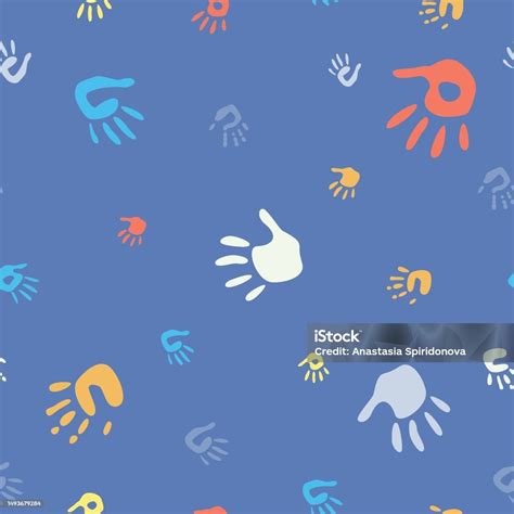 벡터 플랫 손으로 그린 완벽 한 패턴 손 인쇄 손바닥 스탬프 손가락 실루엣 가리기에 대한 스톡 벡터 아트 및 기타 이미지 가리기 그래픽 프린트 밝은 빛 Istock