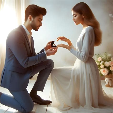Premium Photo Man Kneeling Holding Engagement Ring Proposing Woman