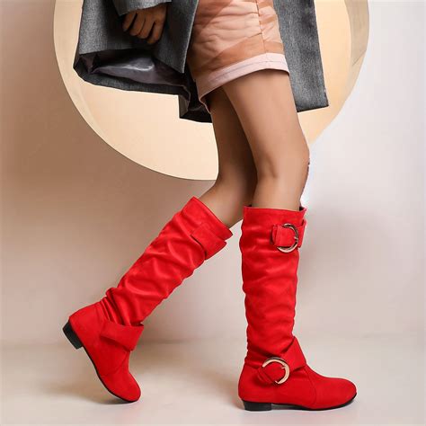 Womens Buckle Strap Knee High Boots Fashion Slouch Pull Long Temu Denmark