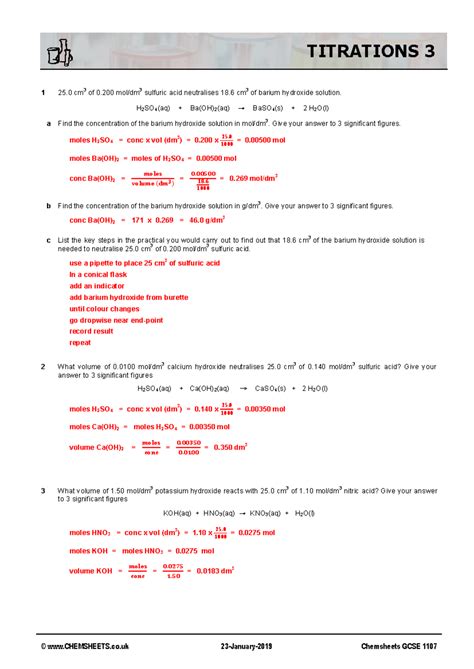 Titrations ANS Wk Answer Sheet For Some Titration Chemsheets CHEMSHEETS Co January