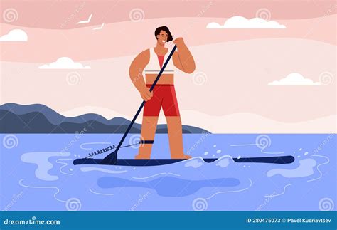 Happy Woman Paddling On Board In The Sea Flat Vector Illustration