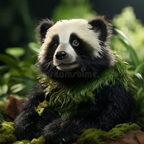 Hyperrealistic 3d Panda Bear Render On Vibrant Green Background Stock
