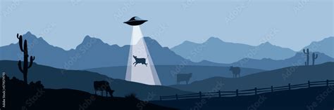 Ufo Cow Abduction Funny Vector Illustration Night Landscape With
