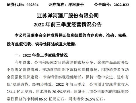 洋河股份：前三季度预计营收增长205，扣非净利润增长265 股票频道 和讯网