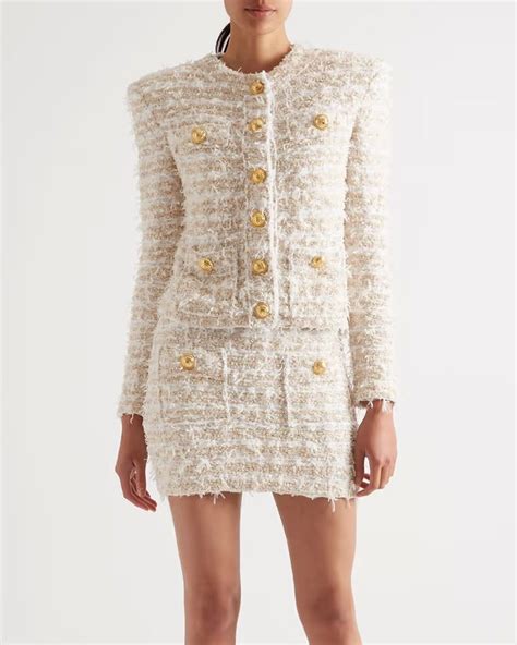 Metal Button Tweed Jacket Skirt Set Balmain Clothing Tweed Jacket