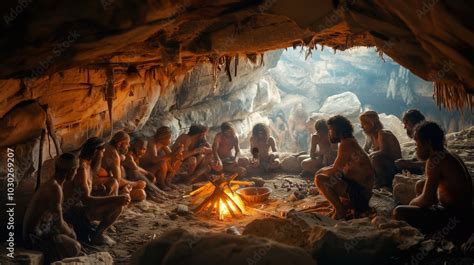 Cave People Gather Around A Flickering Fire In A Dim Cave Sharing