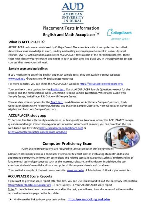 Updated Placement Tests Information Sheet