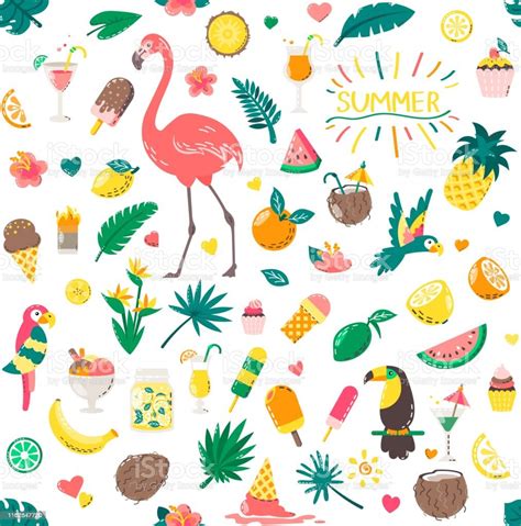 귀여운 여름 패턴 음식 음료 야자수 잎 과일 플라밍고 세트 밝은 여름 포스터입니다 해변 파티를위한 스크랩 북 요소의 컬렉션입니다 과일에 대한 스톡 벡터 아트 및 기타 이미지