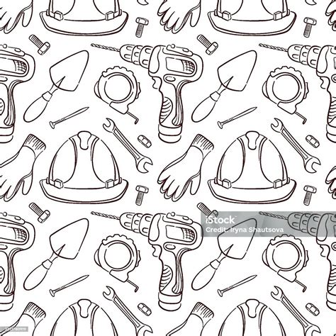 드릴 헬멧 장갑 렌치 및 흙손을 포함한 라인 아트 스타일 건설 도구의 완벽한 패턴 건축 현장 리노베이션 수리 또는 엔지니어링 설계에 적합합니다 건설 산업에 대한 스톡 벡터