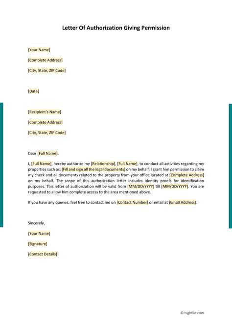 Letter Of Authorization Giving Permission Word Pdf Highfile