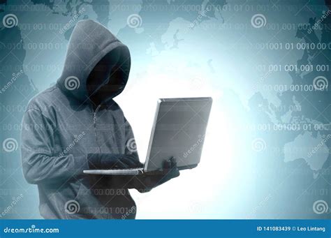Hacker In Black Hoodie Holding Laptop With Binary Code On Virtual