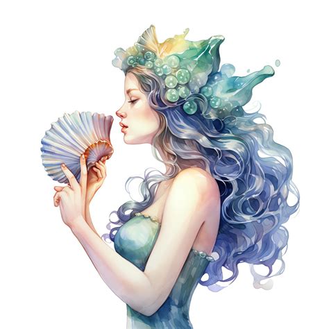 Beautiful Mermaid Holding A Conch Shell To Her Ear Fantasy Watercolor Under The Sea Illustration