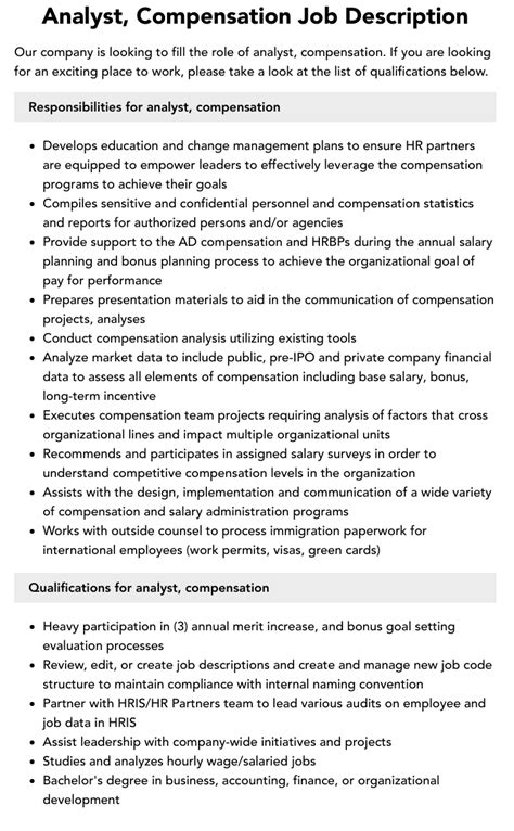 Analyst Compensation Job Description Velvet Jobs