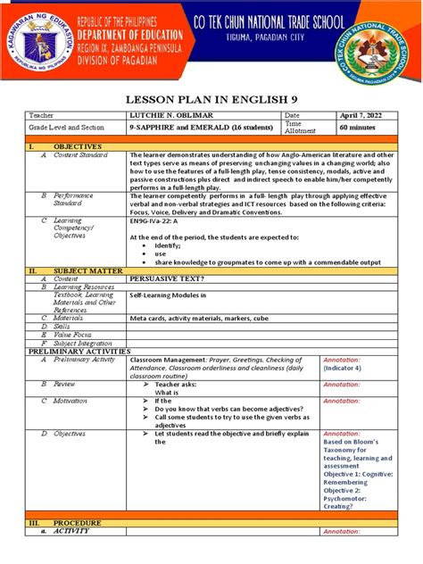 4as Lesson Plan In English 9 Pdf