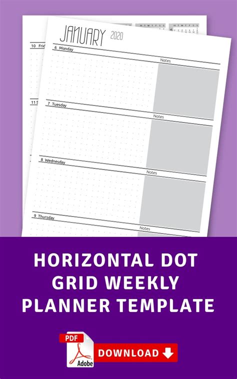 Horizontal Dot Grid Weekly Planner Template Printable Pdf