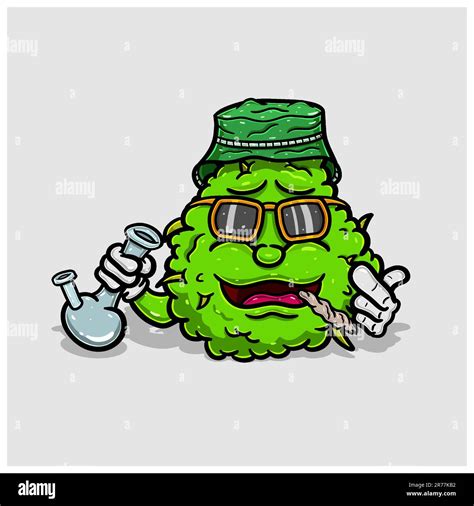 Weed Cartoon With Glass Wearing Bucket Hat Bring Glass Bong And