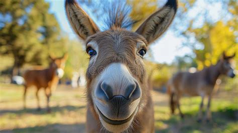 The Donkey Looks Into The Camera Lens Close Up Of The Funny Muzzle
