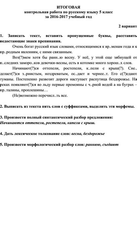Итоговая контрольная работа по русскому языку за 5 класс
