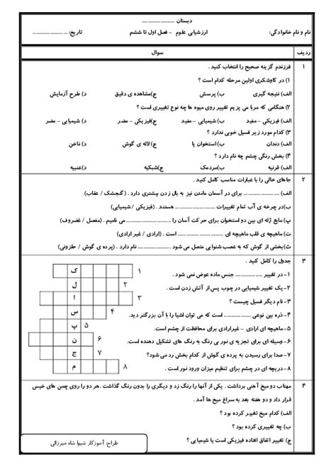 نمونه سوال امتحانی ترم اول دی ماه 1402 علوم پایه پنجم همراه با پاسخنامه