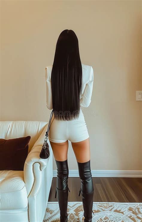 Woman Wearing Black Leather Bodysuit And Thigh High Boots Posing Near