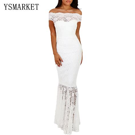2018 Sexy Slash Neck Elegant Party Bodycon Dress White Floral Lace Off