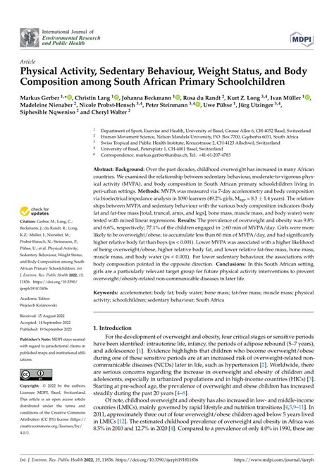 Pdf Physical Activity Sedentary Behaviour Weight Status And Body Composition Among South