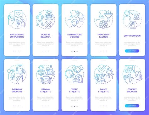 Premium Vector Etiquette Blue Gradient Onboarding Mobile App Screen Set