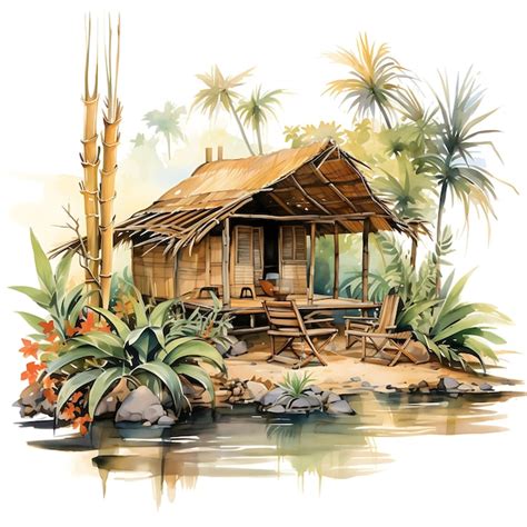 Premium Ai Image Watercolor Room Of Filipino Nipa Hut Room