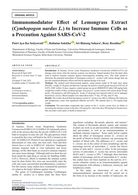 Pdf Immunomodulator Effect Of Lemongrass Extract Cymbopogon Nardus L To Increase Immune