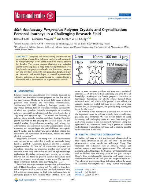 50th Anniversary Perspective Polymer Crystals And Crystallization Personal Journeys In A
