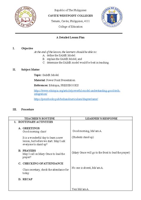 Detailed Lesson Plan Samr Model Republic Of The Philippines Cavite