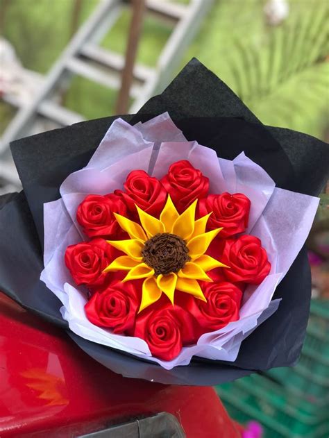 Ramo Girasol Y Rosas Eternas Ribbon Flowers Bouquet Satin Flowers