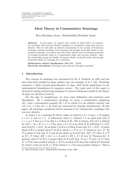 Pdf Ideal Theory In Commutative Semirings