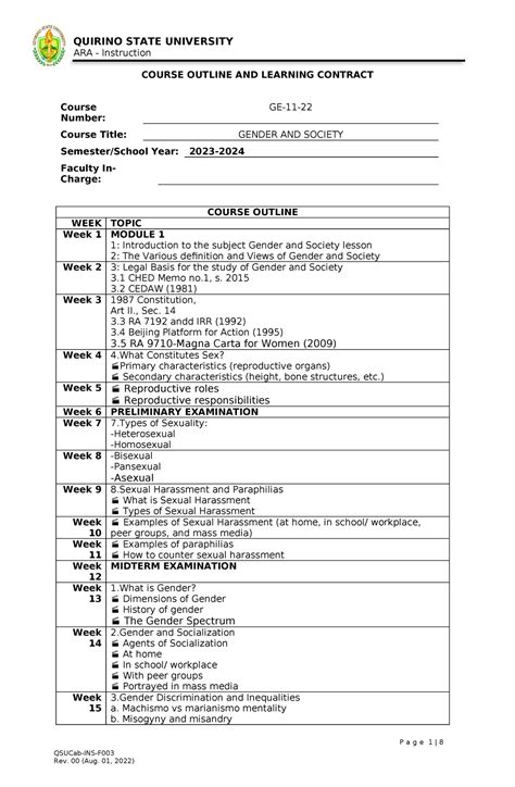 Course Outline Gender And Society QSUCab INS F ARA Instruction COURSE OUTLINE AND LEARNING