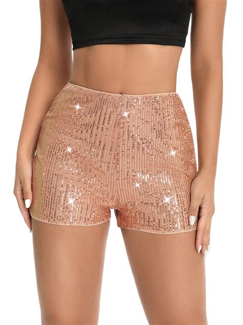 Sunloudy Women Sexy Sequins Shorts Mid Waist Elastic Band Sparkly