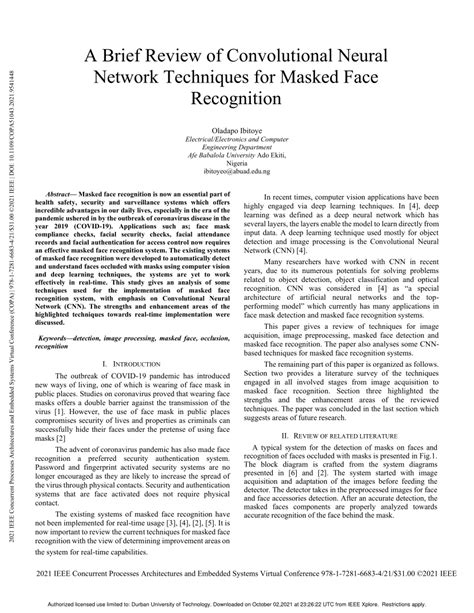 Pdf A Brief Review Of Convolutional Neural Network Techniques For Masked Face Recognition